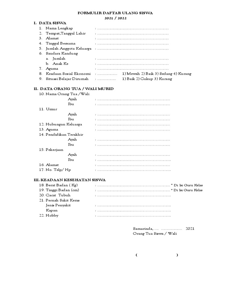 Formulir Daftar Ulang Siswa | PDF | Olahraga & Rekreasi