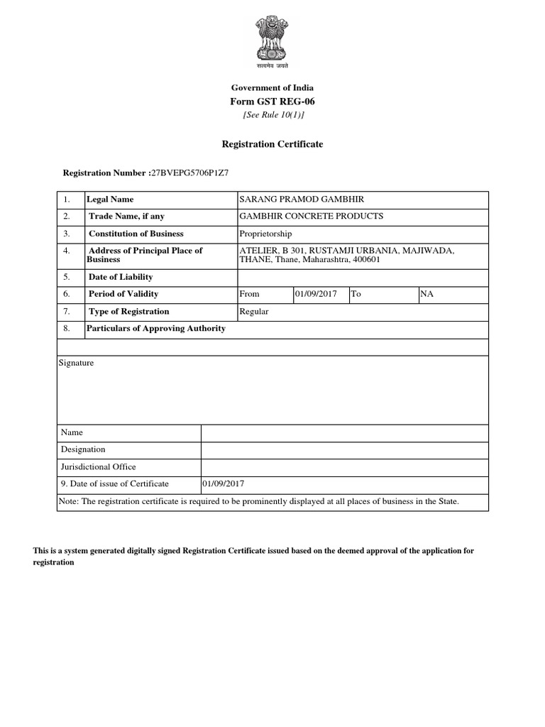 Form GST REG-06: Government of India | PDF
