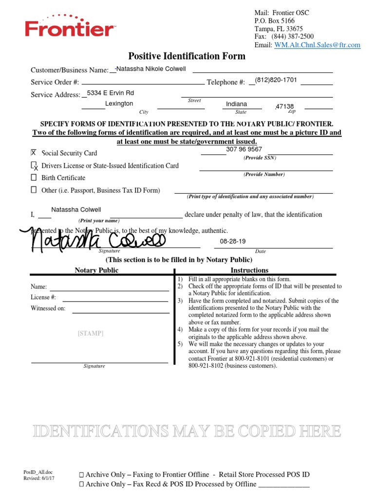 Positive Identification Form: Customer/Business Name: Service Order ...