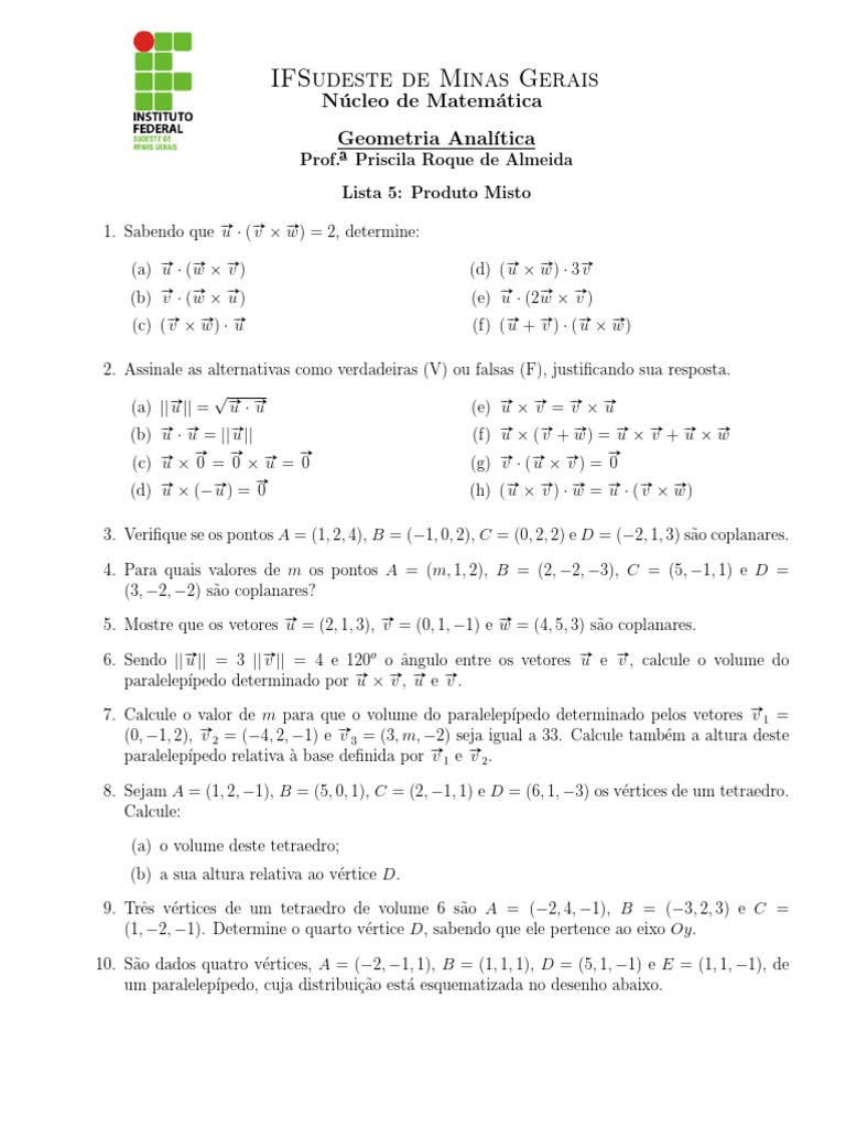 Lista 5 - Produto Misto | PDF | Matemática | Geometria