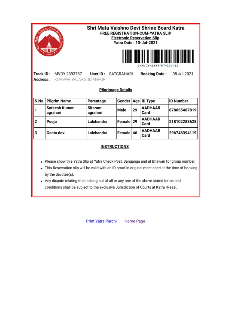 Shri Mata Vaishno Devi Shrine Board - Yatra Parchi Services | PDF