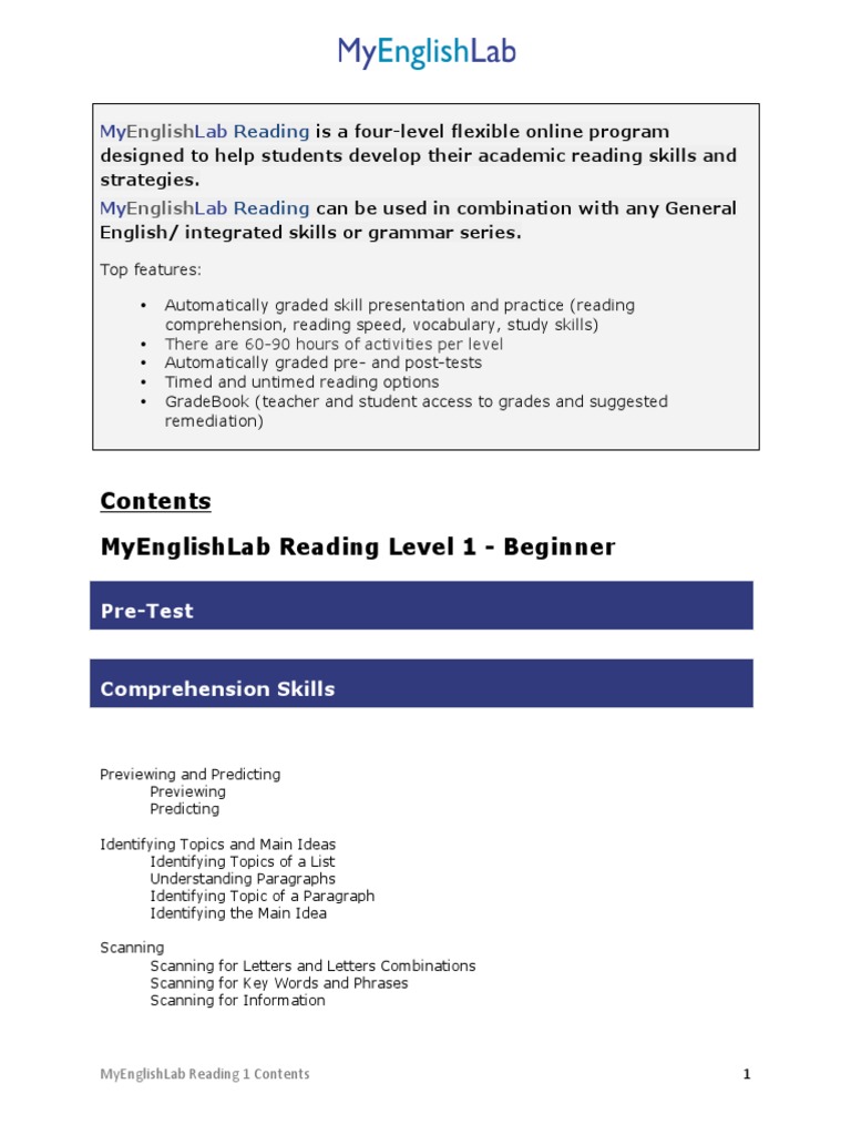 Myenglishlab Reading Level 1 - Beginner: English | PDF | Reading ...