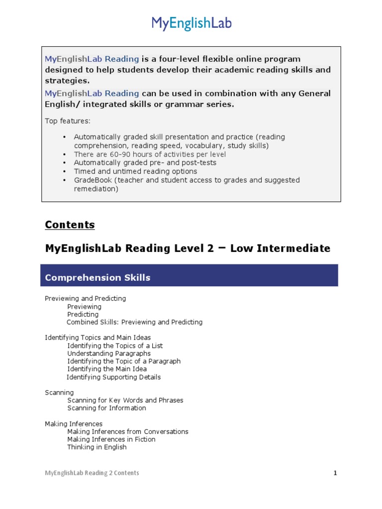 Myenglishlab Reading Level 2 Low Intermediate: English | PDF | Reading ...