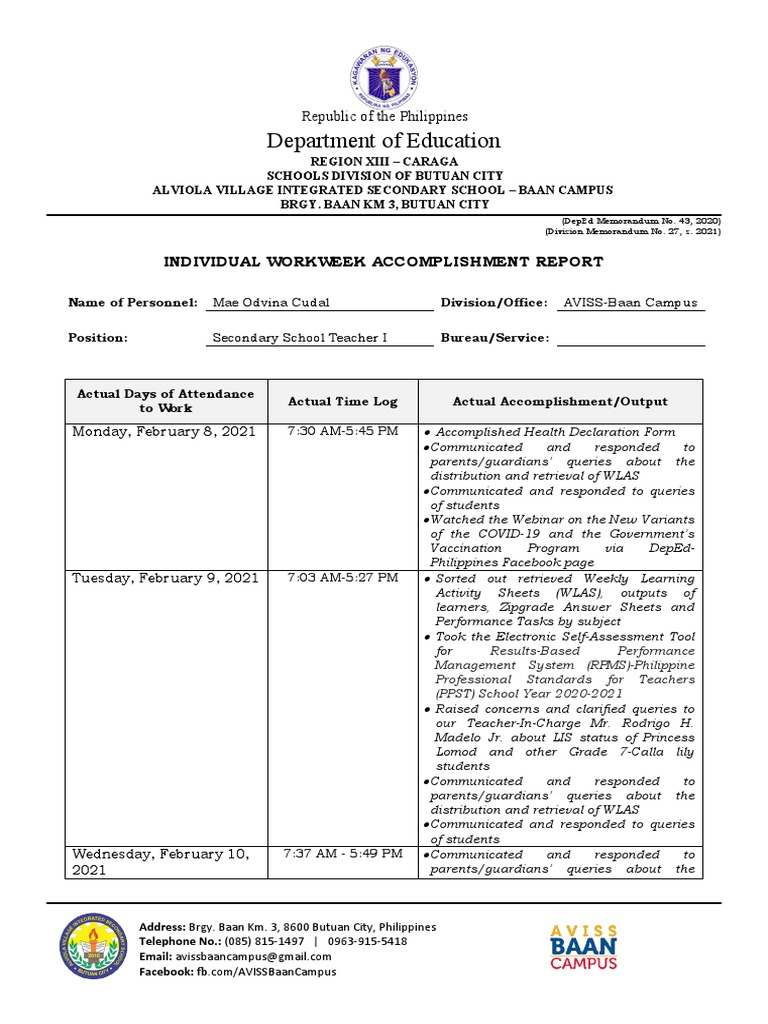 Weekly Accomplishment Report for Teacher | PDF | Communication
