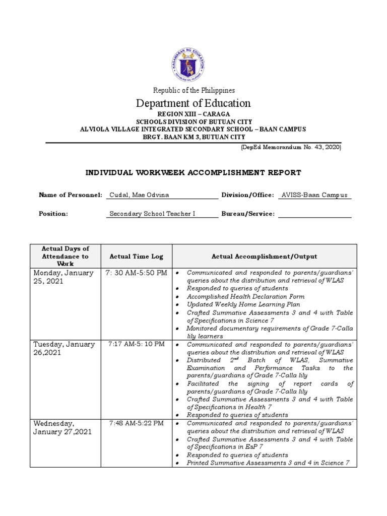 Department of Education: Individual Workweek Accomplishment Report ...