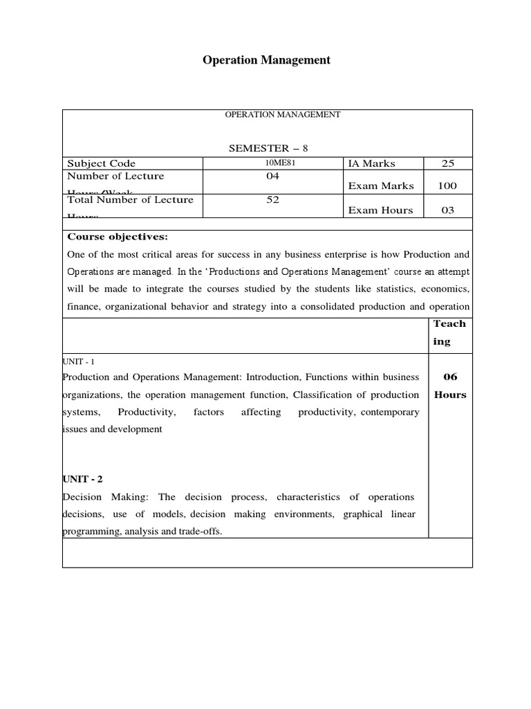 Operations Management Course Overview | PDF | Operations Management ...