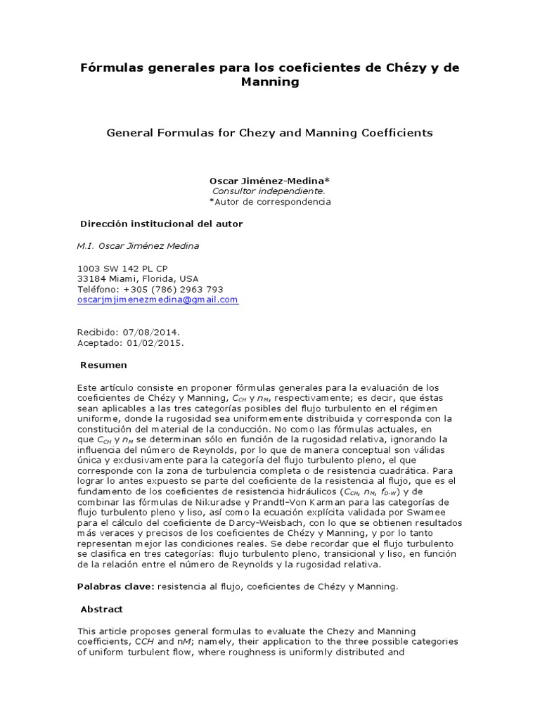 Fórmulas Generales para Los Coeficientes de Chézy y de Manning | PDF ...