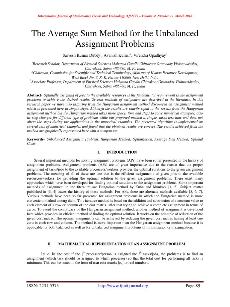 The Average Sum Method For The Unbalanced Assignment Problems | PDF | Mathematical Optimization ...