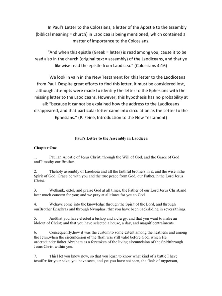 Paul's Letter to the Assembly in Laodicea - missing in any bible ...