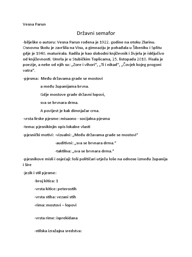 Lektira v. Parun Izbor Iz Poezije 1 | PDF