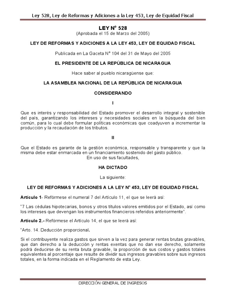Ley 528 Ley de Reformas y Adiciones A La Ley 453, Ley de Equidad Fiscal | Descargar gratis PDF ...