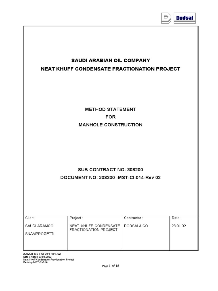 Manhole Construction Method Statement | PDF | Concrete | Sanitary Sewer