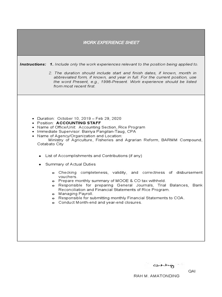 Work Experience Sheet: Instructions: 1. Include Only The Work ...