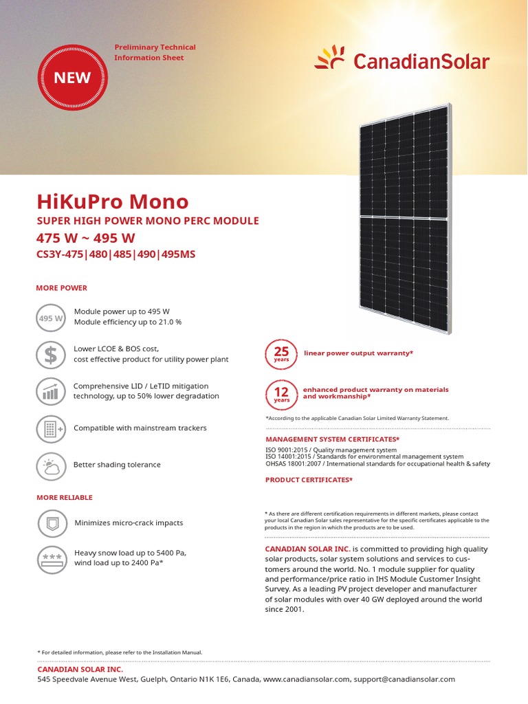 Modulo Canadian Solar-Datasheet-HiKu - CS3W-MS - 475-495W | PDF | Solar ...