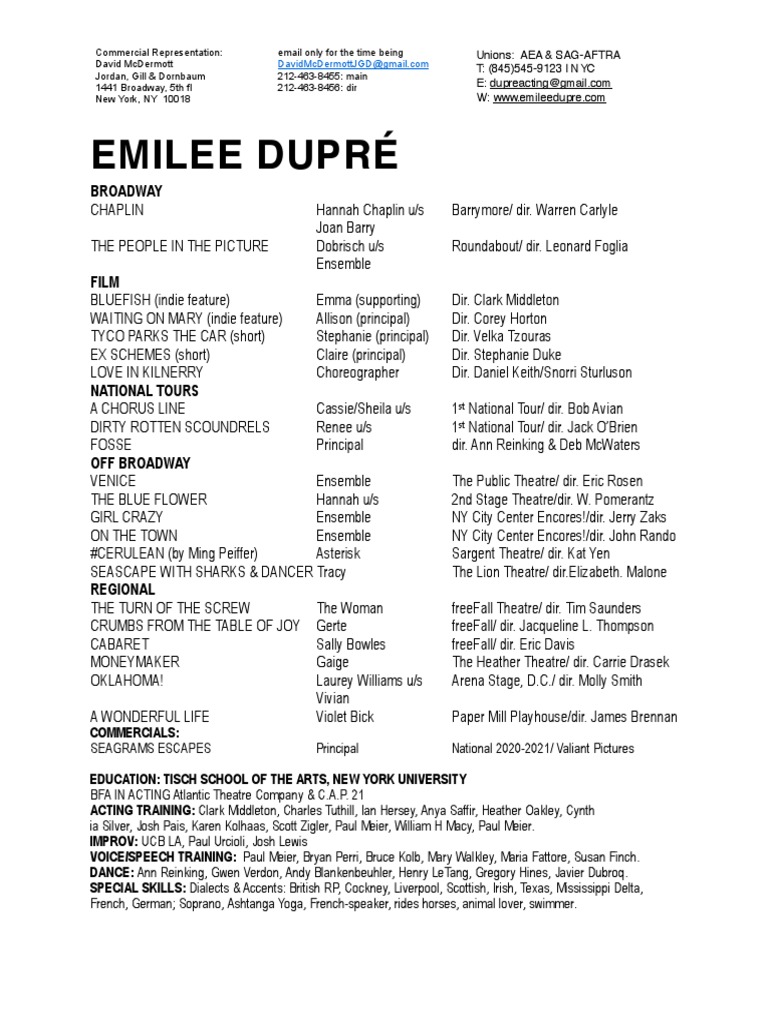Emilee Dupre Resume 2021 | PDF | Broadway Theatre | Tony Award Winners