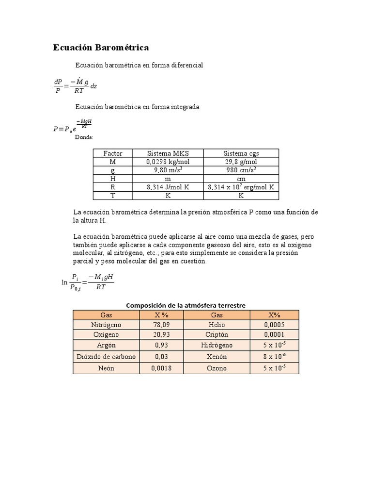 Ecuación Barométrica | PDF | Atmósfera | Atmósfera de tierra