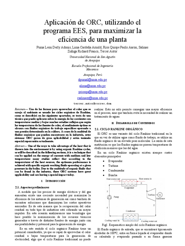 Aplicación de ORC, Utilizando El Programa EES, para Maximizar La ...
