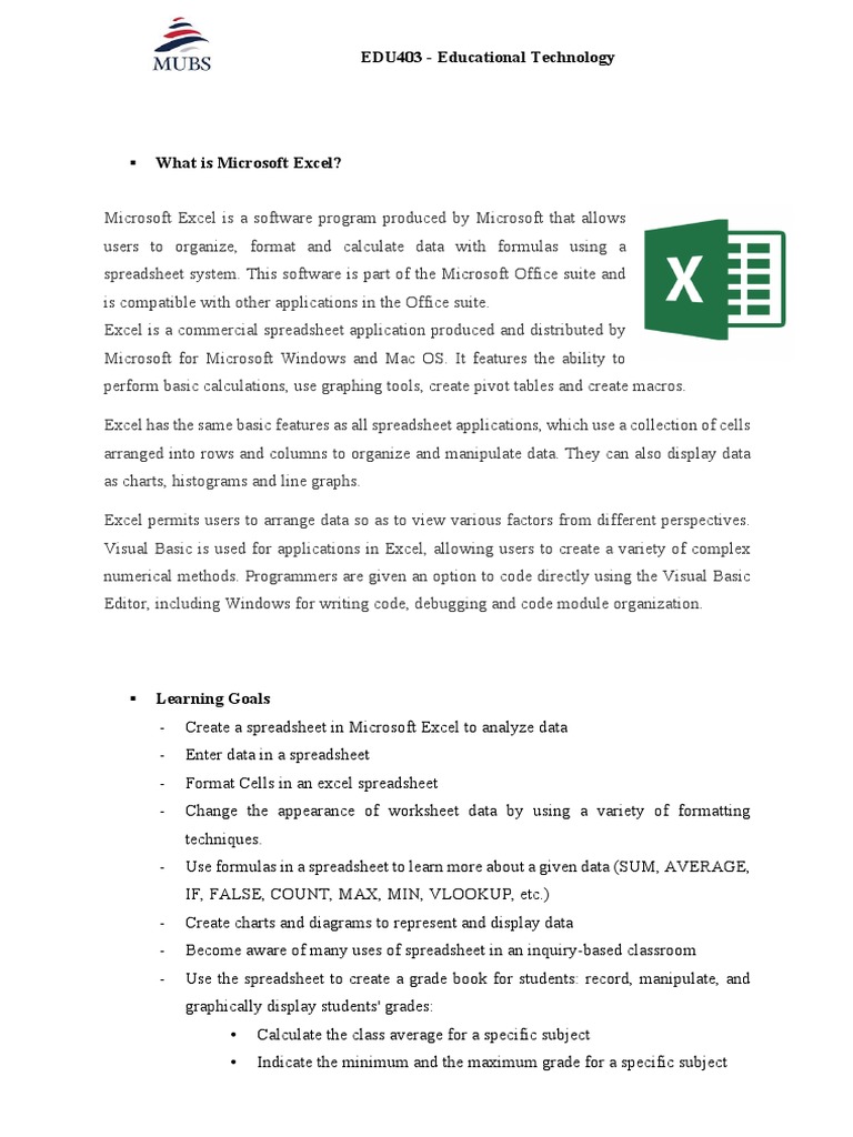 MS Excel - Intro and Objectives | PDF | Microsoft Excel | Spreadsheet