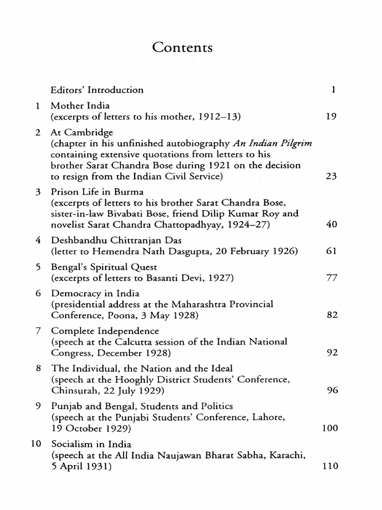 Contents Of The Essential Writings Of Netaji Subhas Chandra Bose