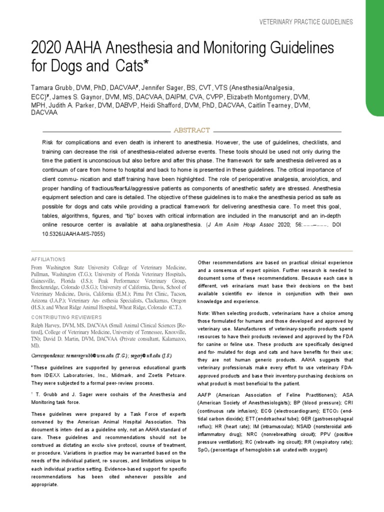 2020, Grubb Et Al., 2020 AAHA Anesthesia and Monitoring Guidelines For ...