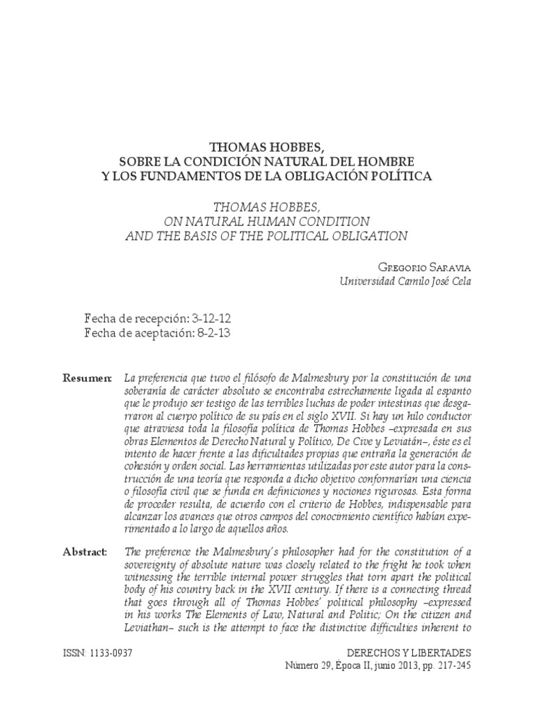 Thomas Hobbes, Sobre La Condición Natural Del Hombre Y Los Fundamentos ...