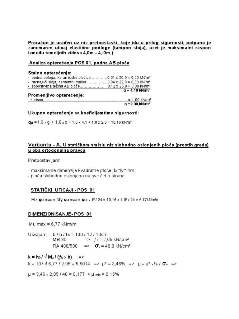 Proracun Za Armiranje Samonosece Podne Ploce Korigovano | PDF