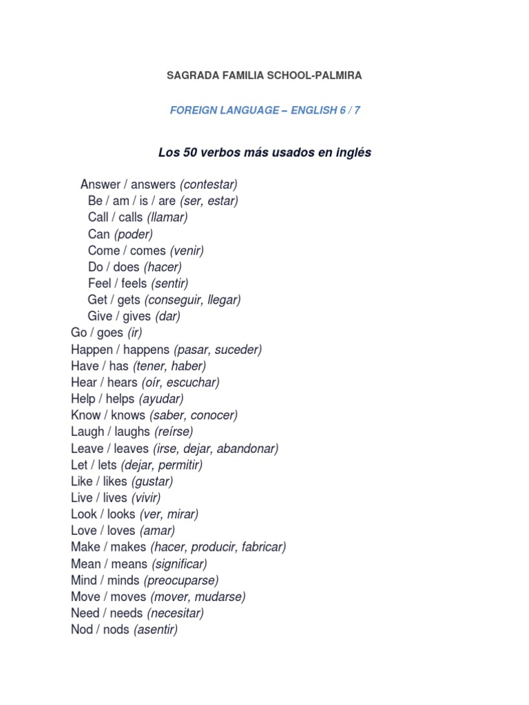 50 Verbos En Inglés Más Usados Pdf