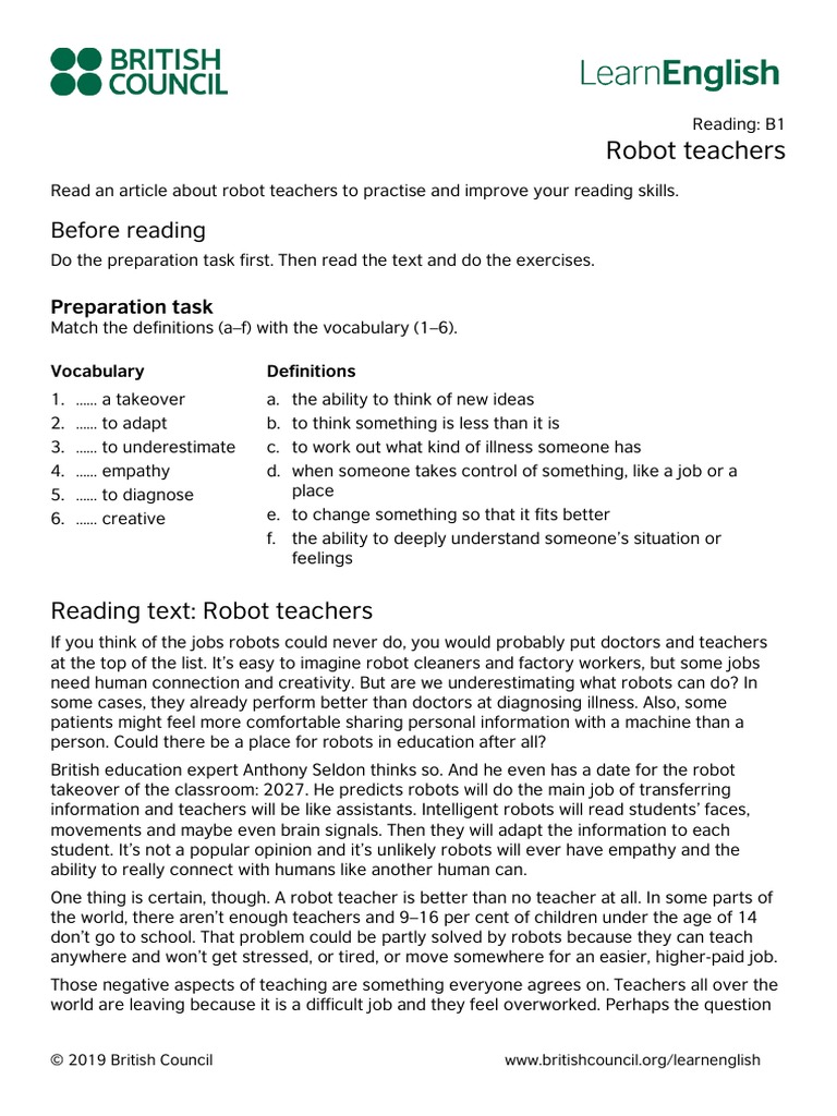 LearnEnglish Reading B1 Robot Teachers | PDF | Robot | Robotics