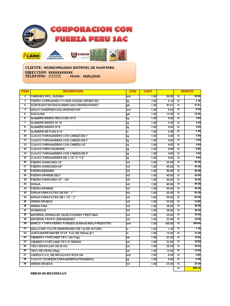 Cotizacion Materiales de Construccion | PDF | Ingeniero civil | Ingeniería estructural