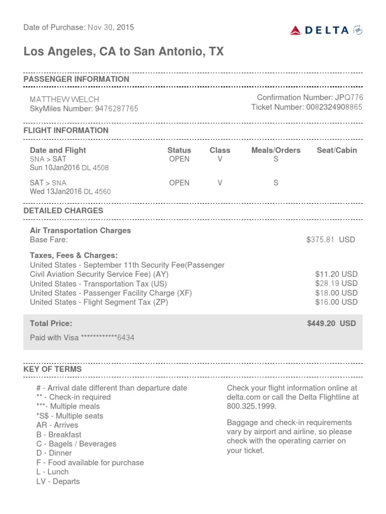Los Angeles, CA To San Antonio, TX: Passenger Information | PDF | Delta ...