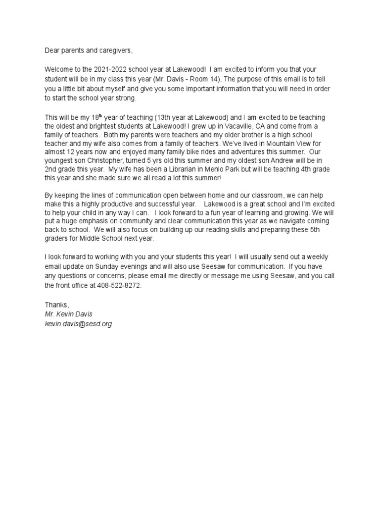 Welcome Back Letter Email 21-22 | PDF | Teachers | Communication