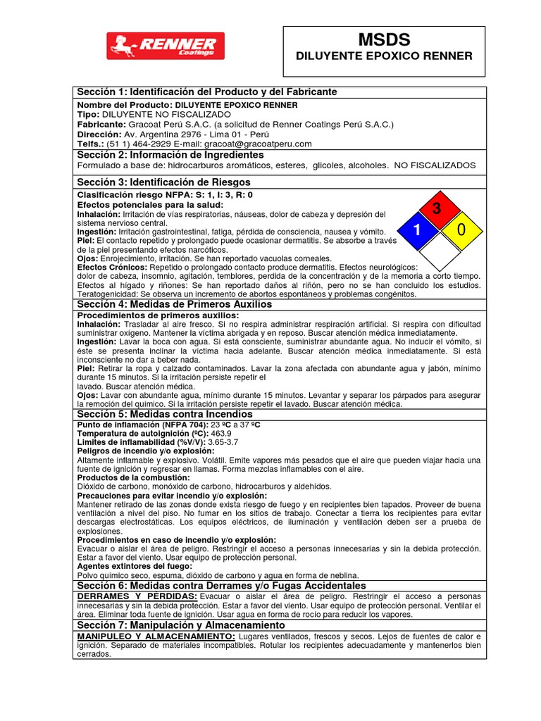 Material Safety Data Sheet for Renner Epoxy Thinner | PDF | Agua ...