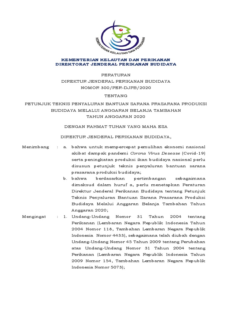 Petunjuk Teknis Bantuan Sarana Prasarana Budidaya Perikanan 2020 | PDF