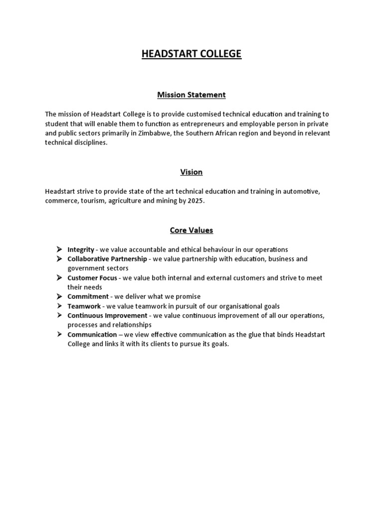 Headstart College: Mission Statement | PDF | Governance | Mining