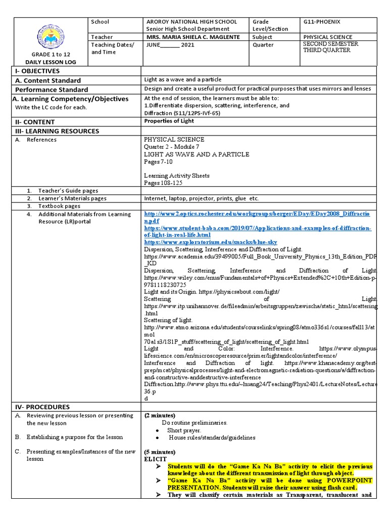 Lesson Plan For CO Physical Science 2 | PDF | Holography | Diffraction