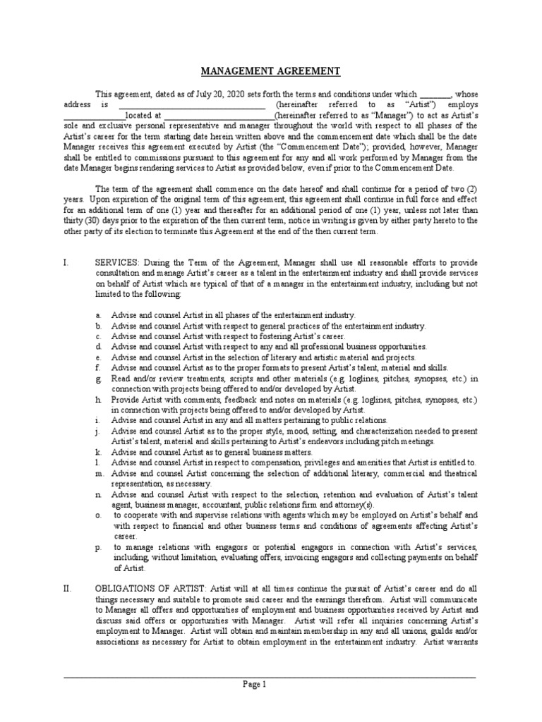 Personal Management Agreement Template | PDF | Breach Of Contract ...