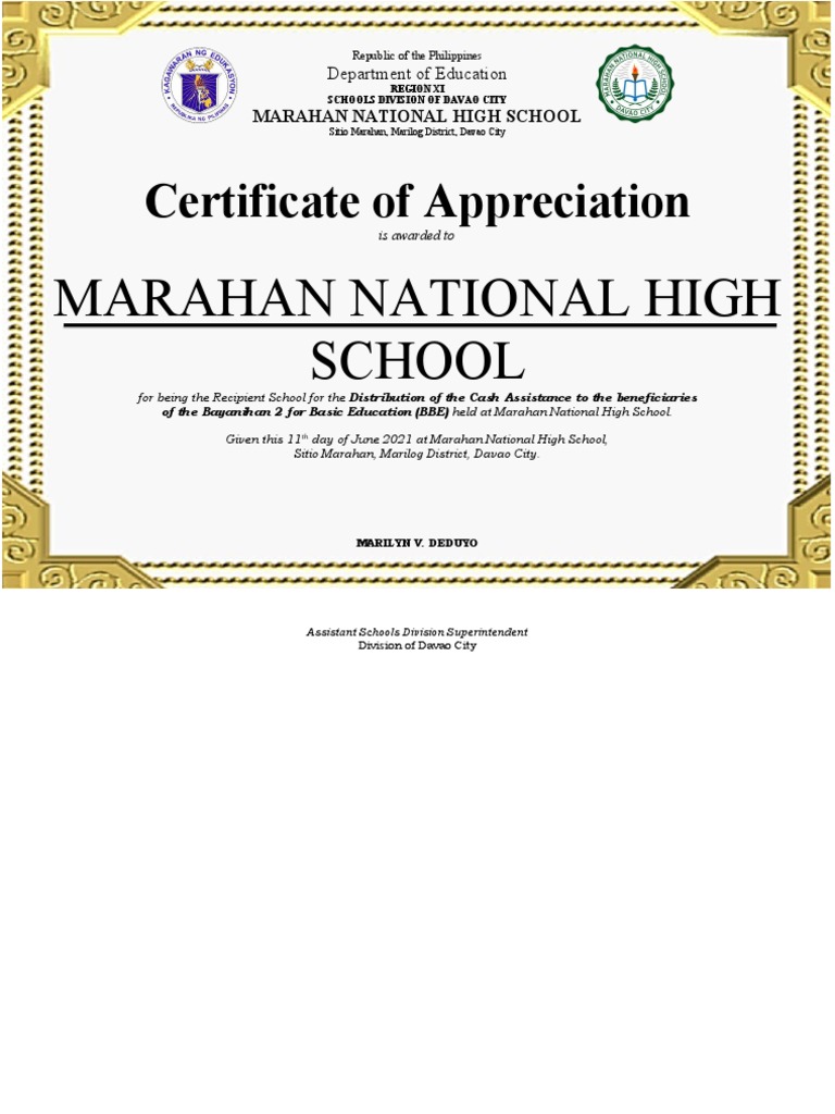 Certificate of Appreciation for Marahan HS | PDF