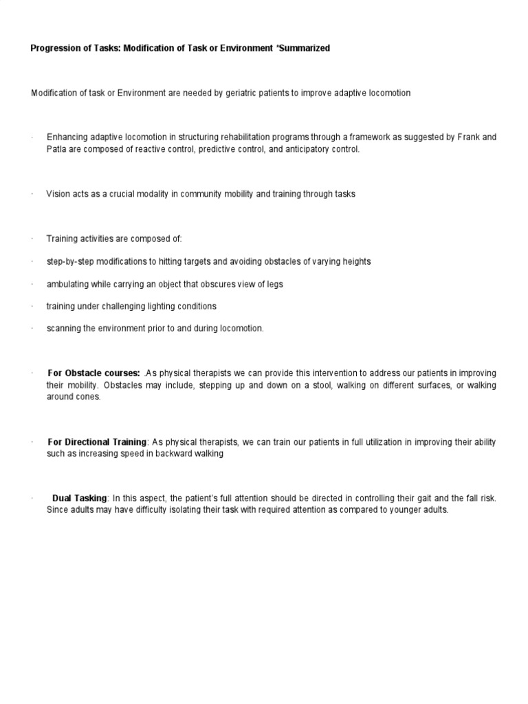 Progression of Tasks: Modification of Task or Environment Summarized ...