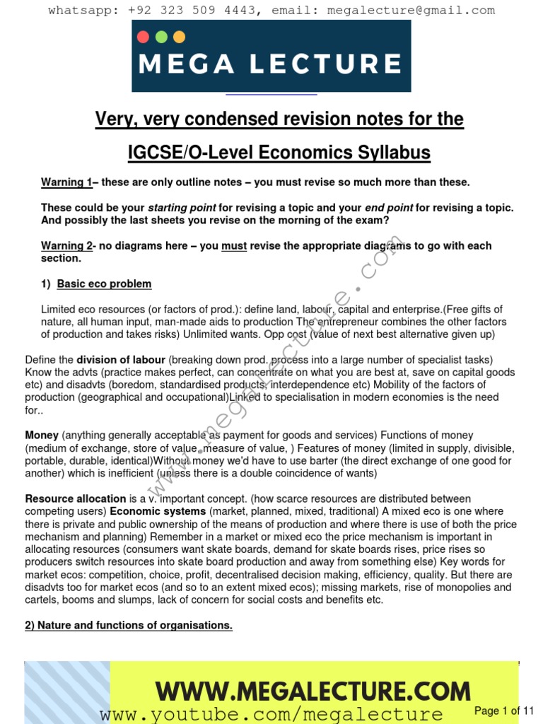 Very, Very Condensed Revision Notes For The IGCSE/O-Level Economics ...