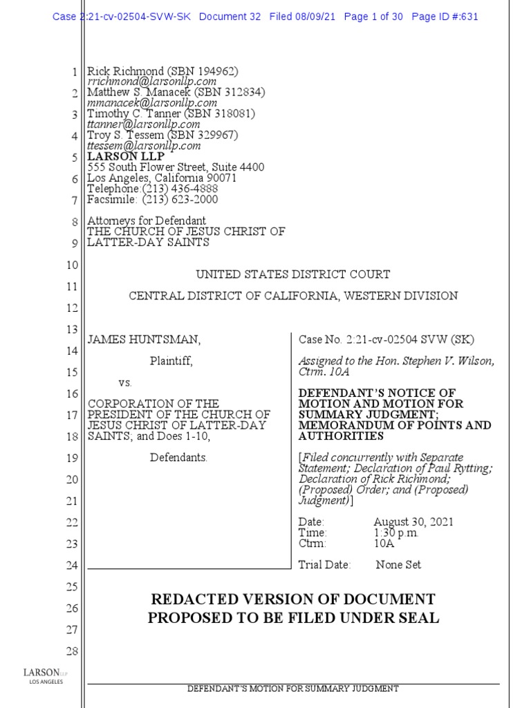 Motion For Summary Judgment James Huntsman V LDS Church | PDF | Summary ...