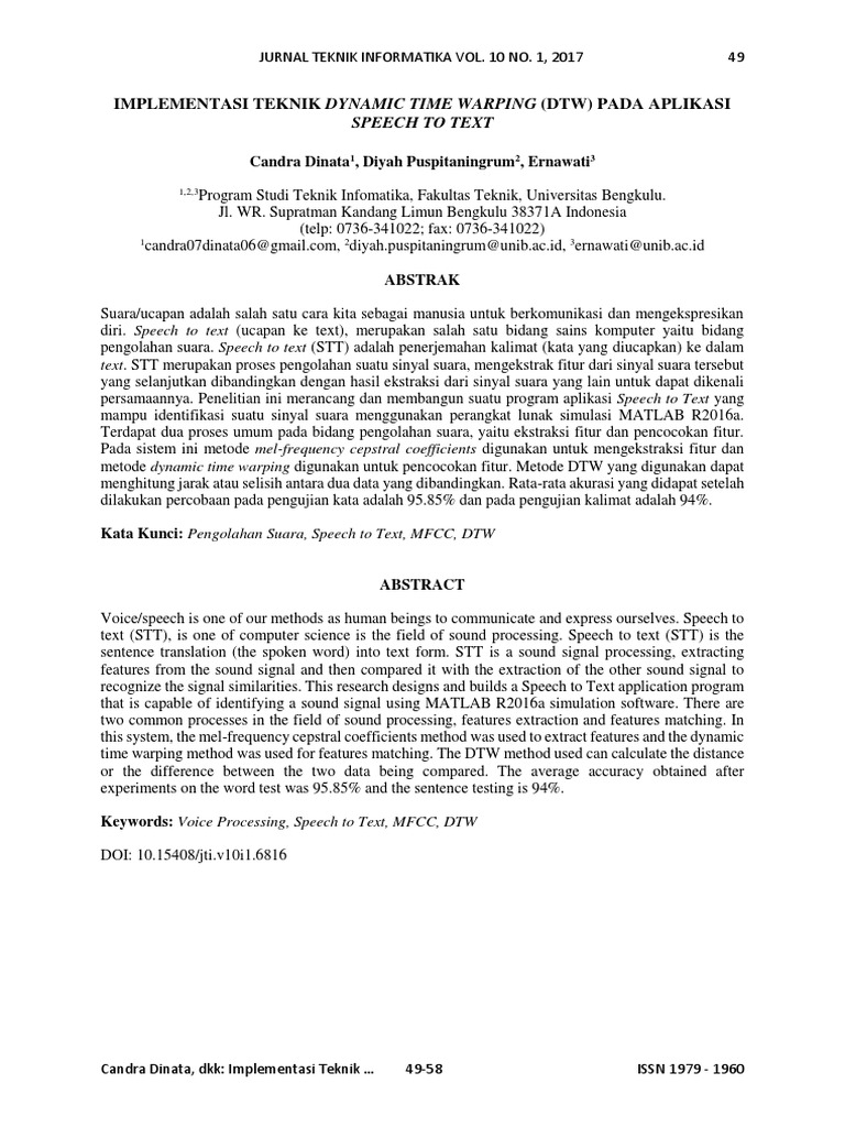 Implementasi Teknik Dynamic Time Warping Dtw Pada Aplikasi Speech To