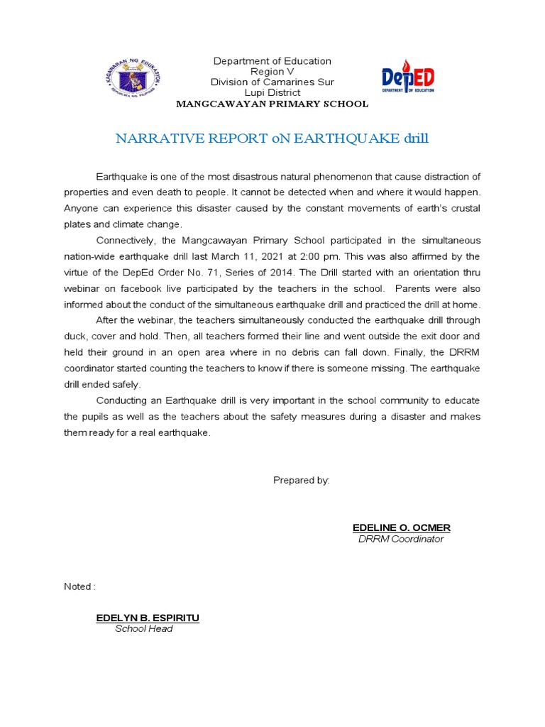 Narrative Report On Earthquake Drill: Mangcawayan Primary School | PDF ...