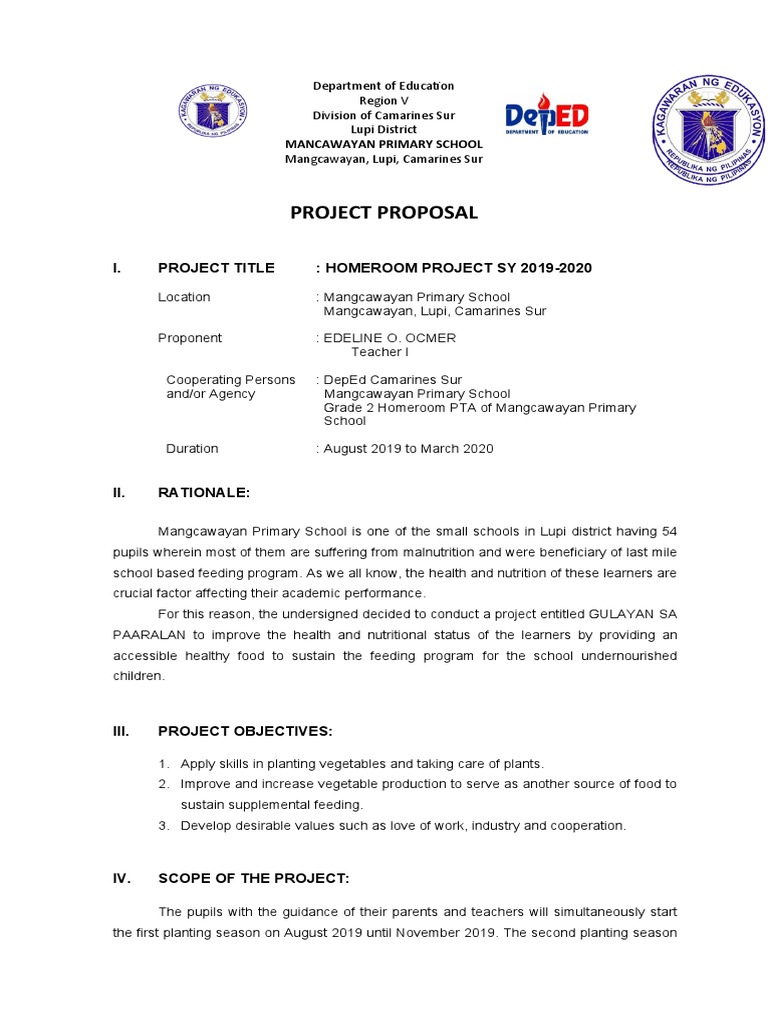 Project Proposal: I. Project Title: Homeroom Project Sy 2019-2020 | PDF ...