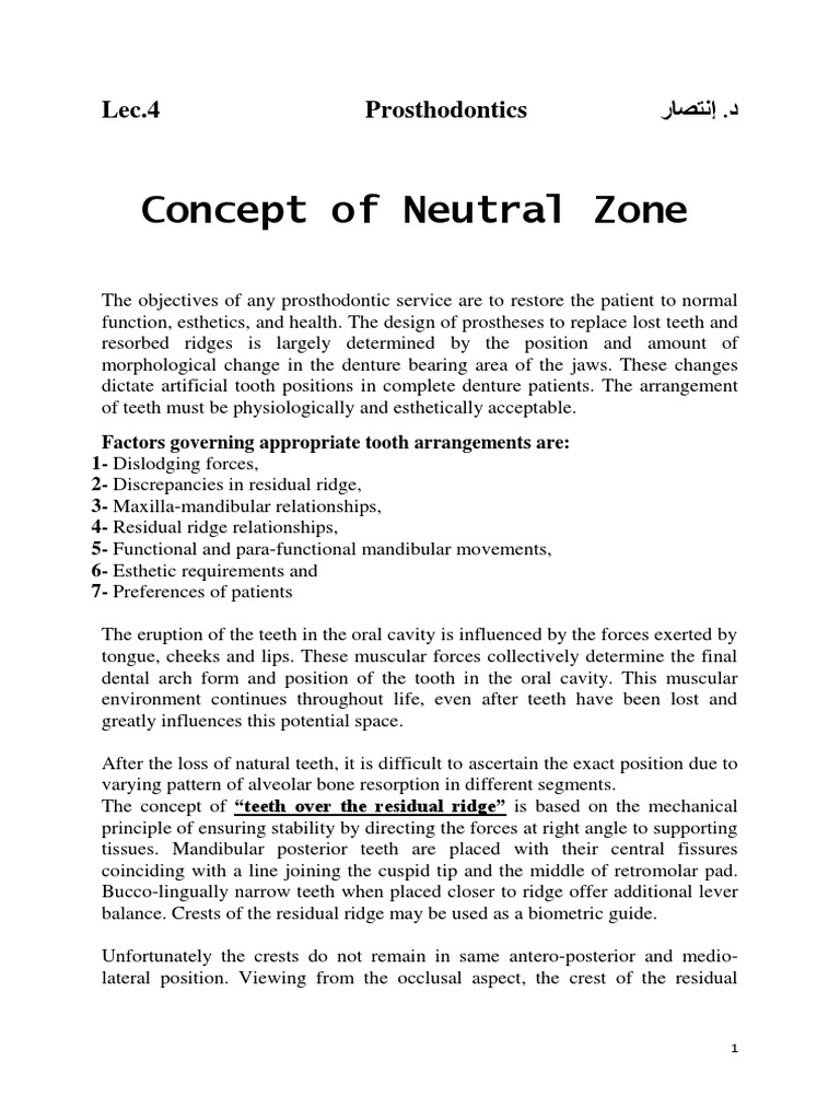 Neutral Zone Concepts in Prosthodontics | PDF | Dentures | Tongue