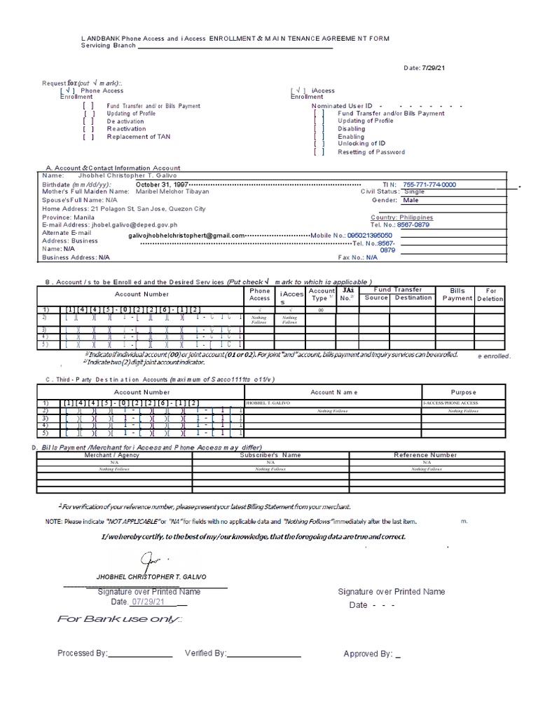 IAccess Enrollment Form | PDF | Authentication | Banks