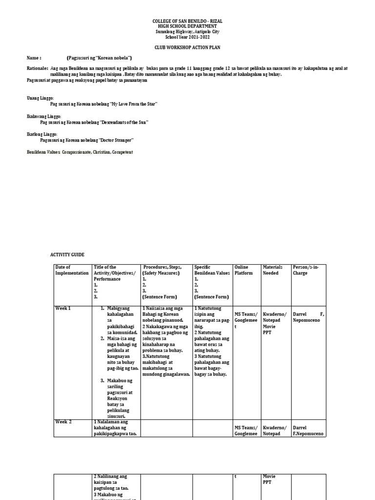 Workshop Action Plan 2021 2022 | PDF