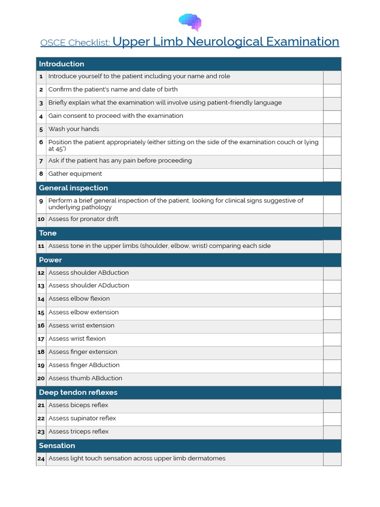 OSCE Upper Limb Neuro Exam Checklist | PDF OSCE Upper Limb Neuro Exam Checklist | PDF