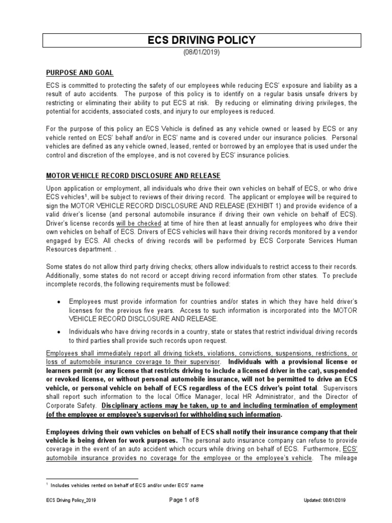 ECS Driving Policy | PDF | Vehicle Insurance | Driving Under The Influence