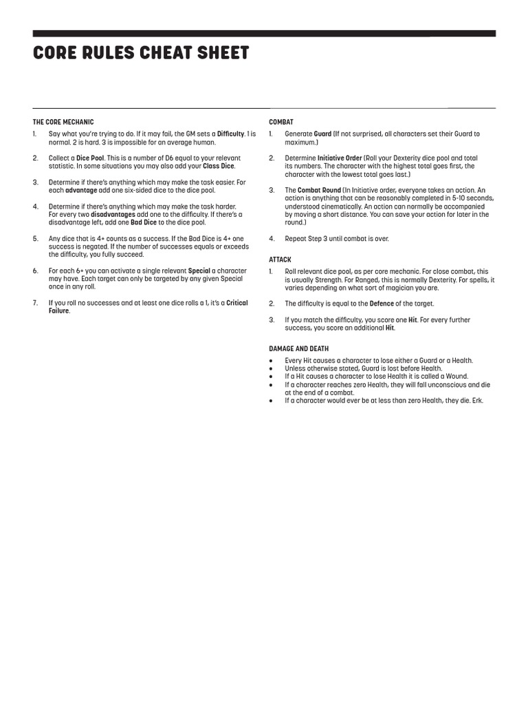 Core Rules Cheat Sheet | PDF | Dice | Leisure