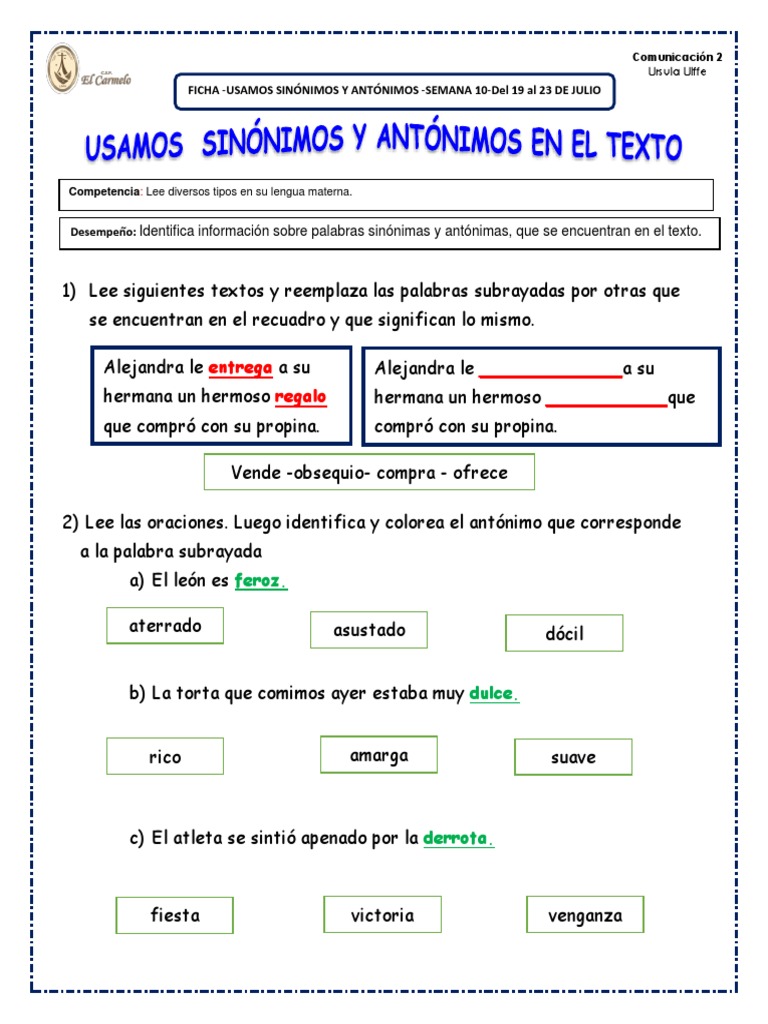 Actividades de Sinónimos y Antónimos | PDF